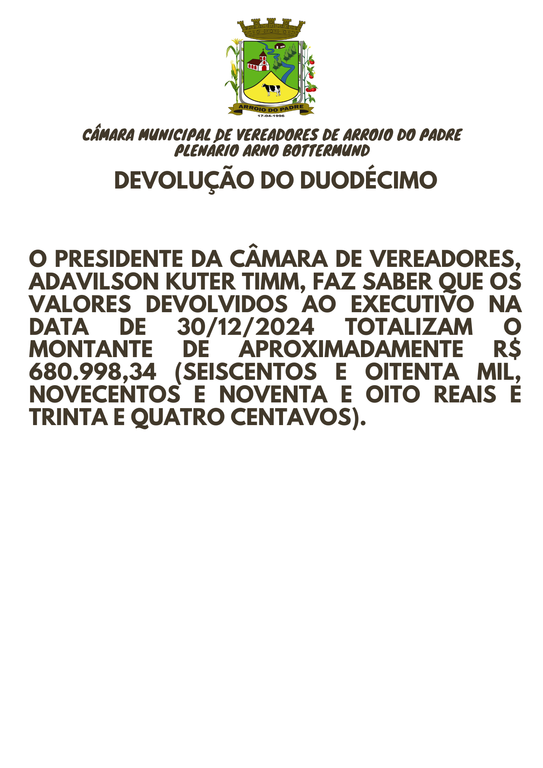 DEVOLUÇÃO DO DUODÉCIMO — Câmara Municipal de Vereadores de Arroio do Padre